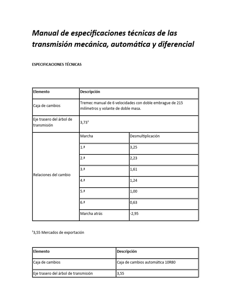 Manual de Especificaciones Técnicas de Las Transmisión Mecánica | PDF | Transmisión automática ...