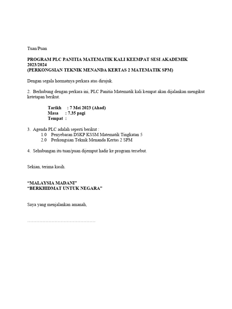 Surat Panggilan Program PLC Matematik | PDF | Komputer