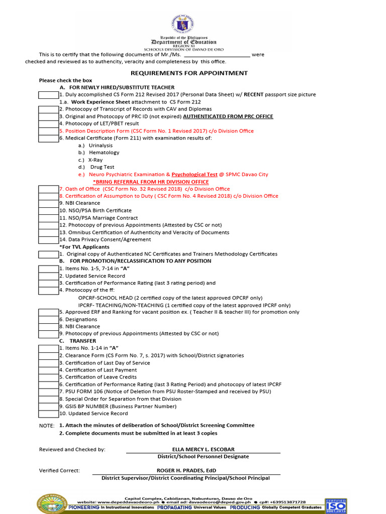 Requirements For Appointment | PDF