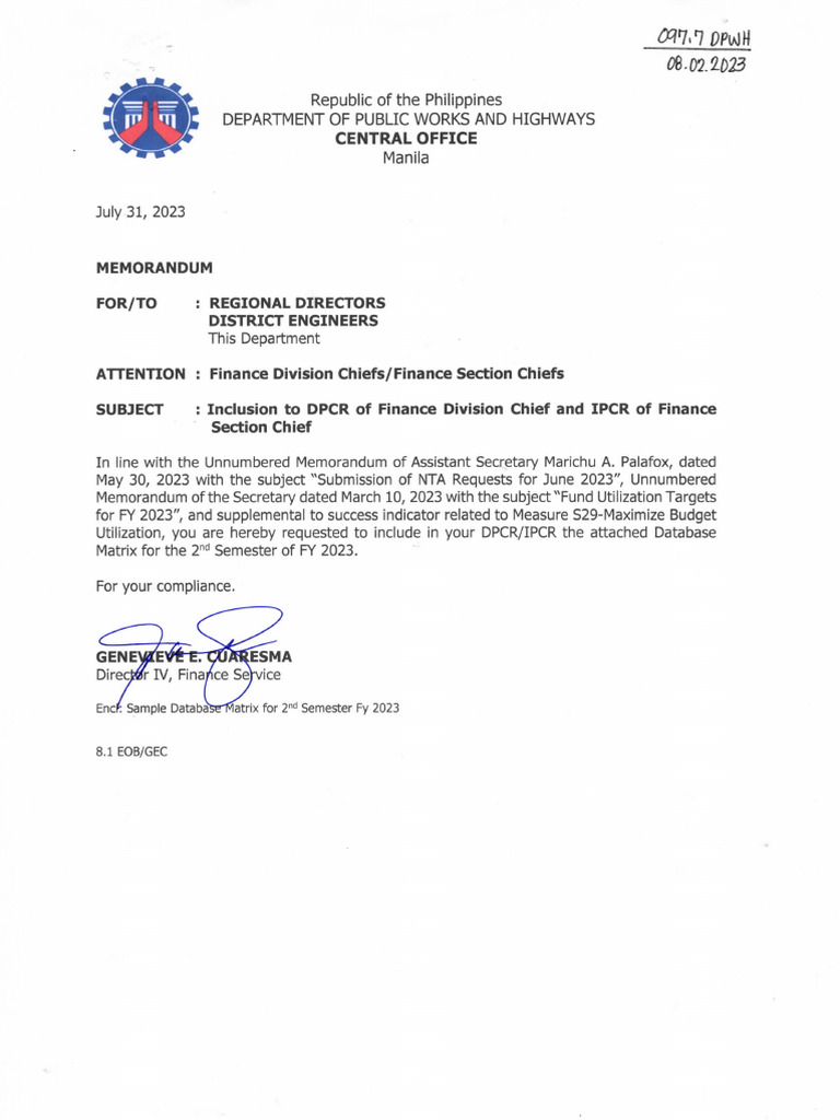 Memo 097.7 - 073123 - Inclusion To DPCR of Finance Division Chief and ...