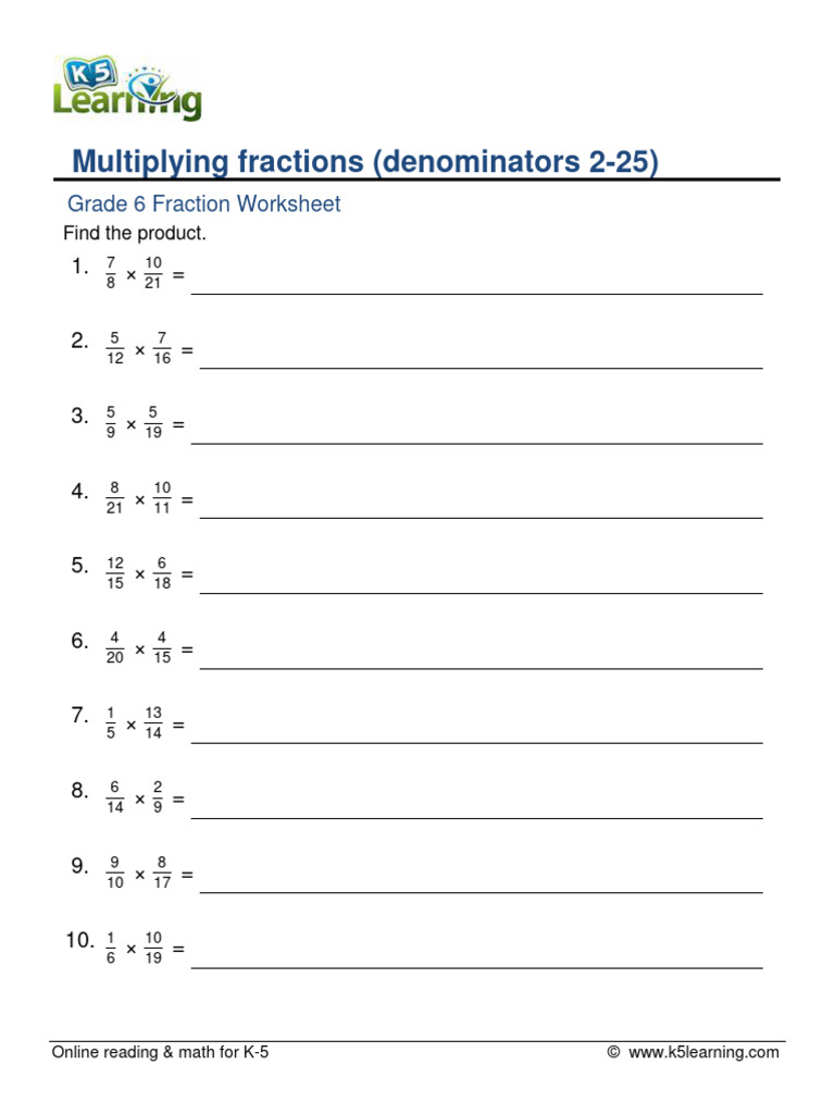 Grade 6 Multiplying Fractions Worksheet | PDF