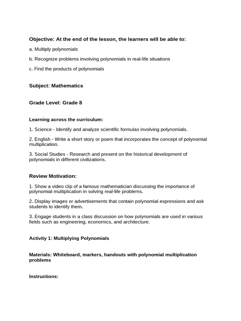 Lesson Plan | Download Free PDF | Polynomial | Multiplication