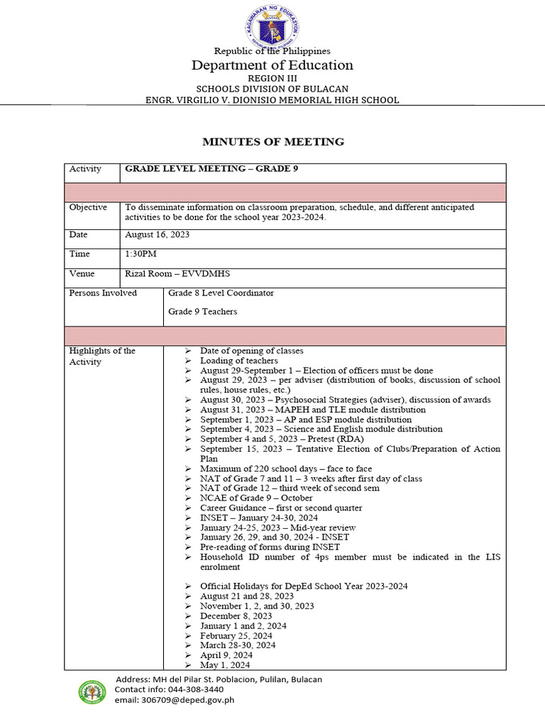 Grade 9 Meeting Agenda 2023-2024 | PDF | Learning | Behavior Modification