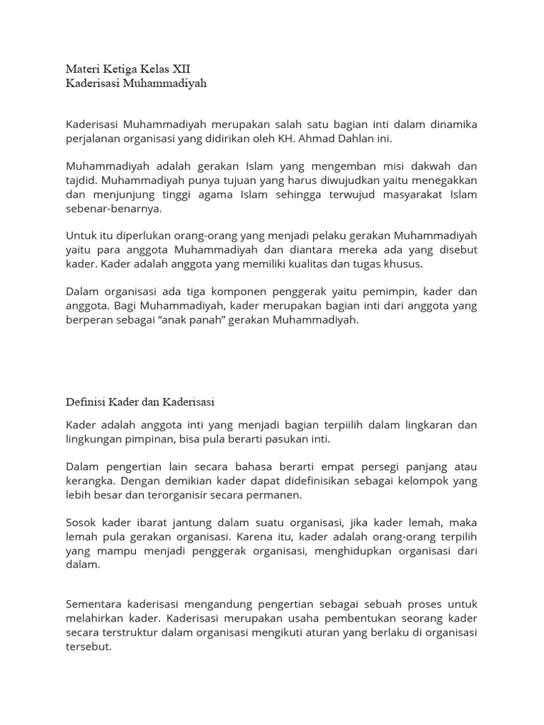 Materi 3 Ketiga XII Kaderisasi Muhammadiyah Bagian 1 (Defenisi Kader) | PDF Materi 3 Ketiga XII Kaderisasi Muhammadiyah Bagian 1 (Defenisi Kader) | PDF