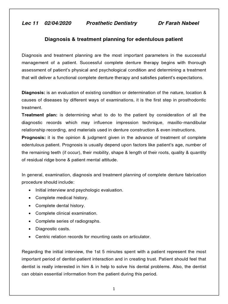 Diagnosis & Treatment Planning For Edentulous Patient | PDF | Dentures ...
