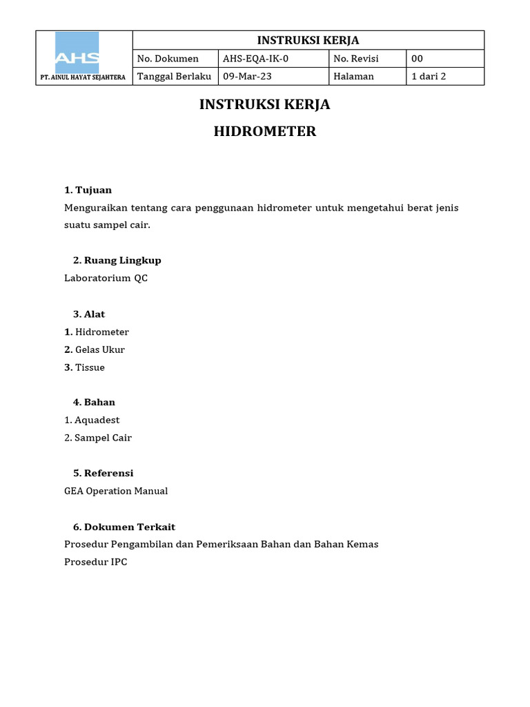Instruksi Penggunaan Hidrometer | PDF