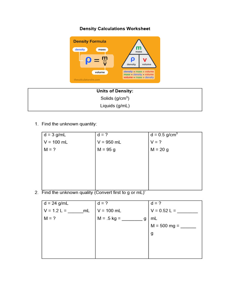 Density Calculations Worksheet | PDF