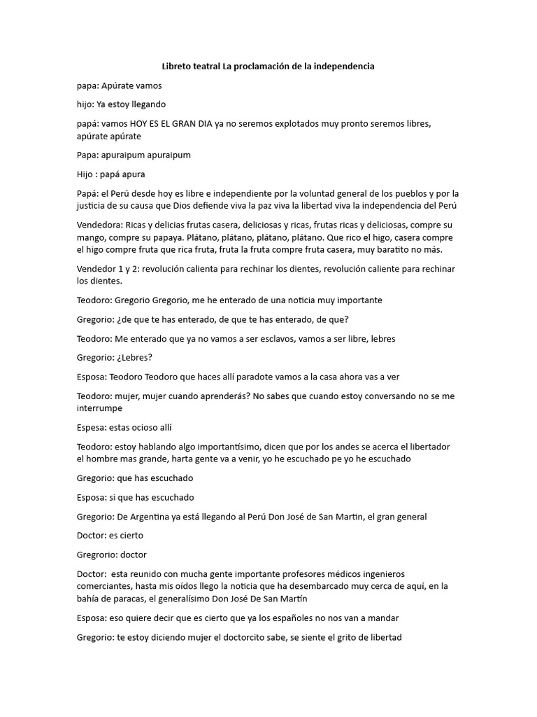 Libreto Teatral La Proclamación de La Independencia | PDF | Perú