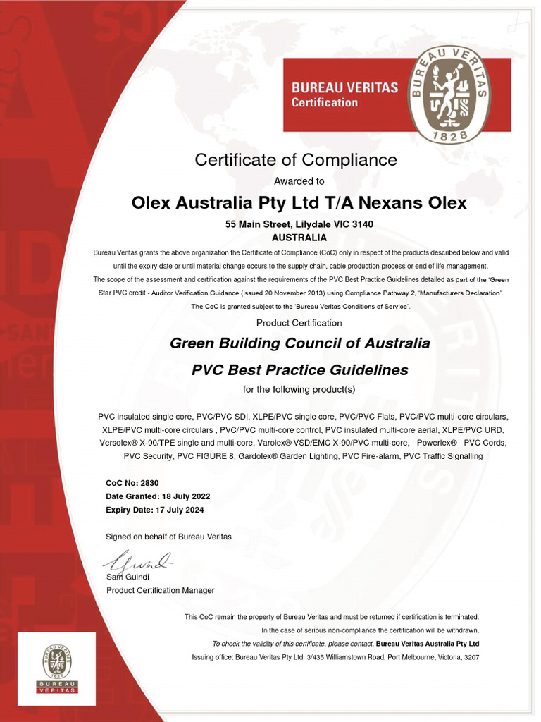 GBCA Certificate of Conformance - Olex Australia 2022 - 2024 | PDF