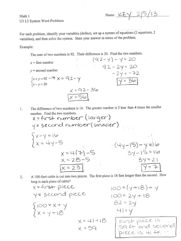 3-4 Systems of Equations Word Problems ANSWERS | PDF