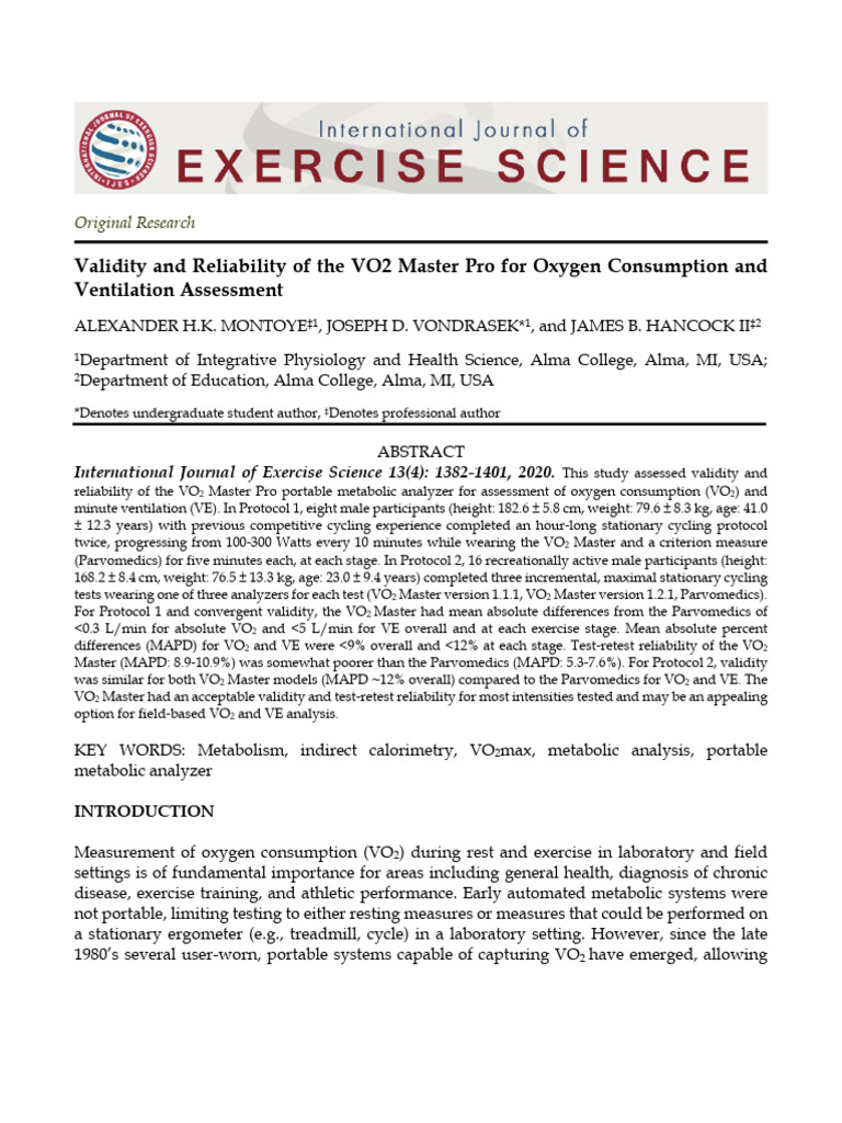 Validity and Reliability of The VO2 Master Pro For Oxygen Consumption ...
