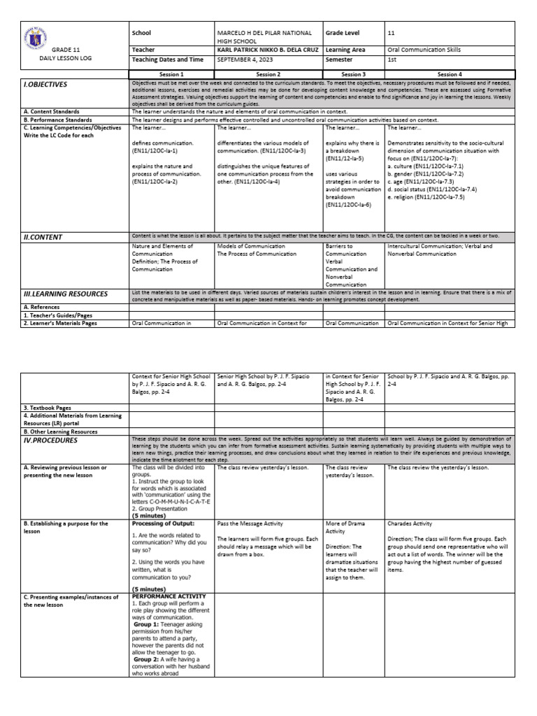 Oral Communication DLL First Sem Week 2 | PDF | Communication | Learning
