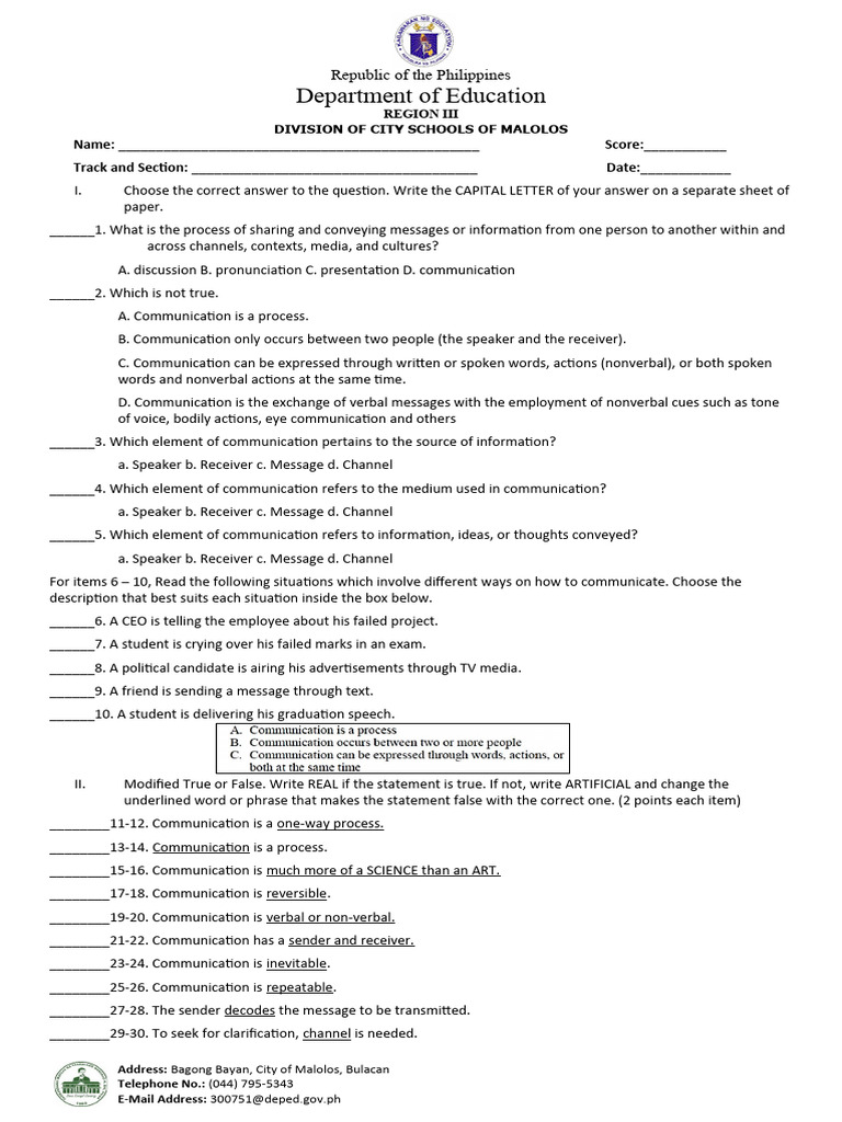 OCC Q1 W1 Summative | PDF | Communication | Nonverbal Communication
