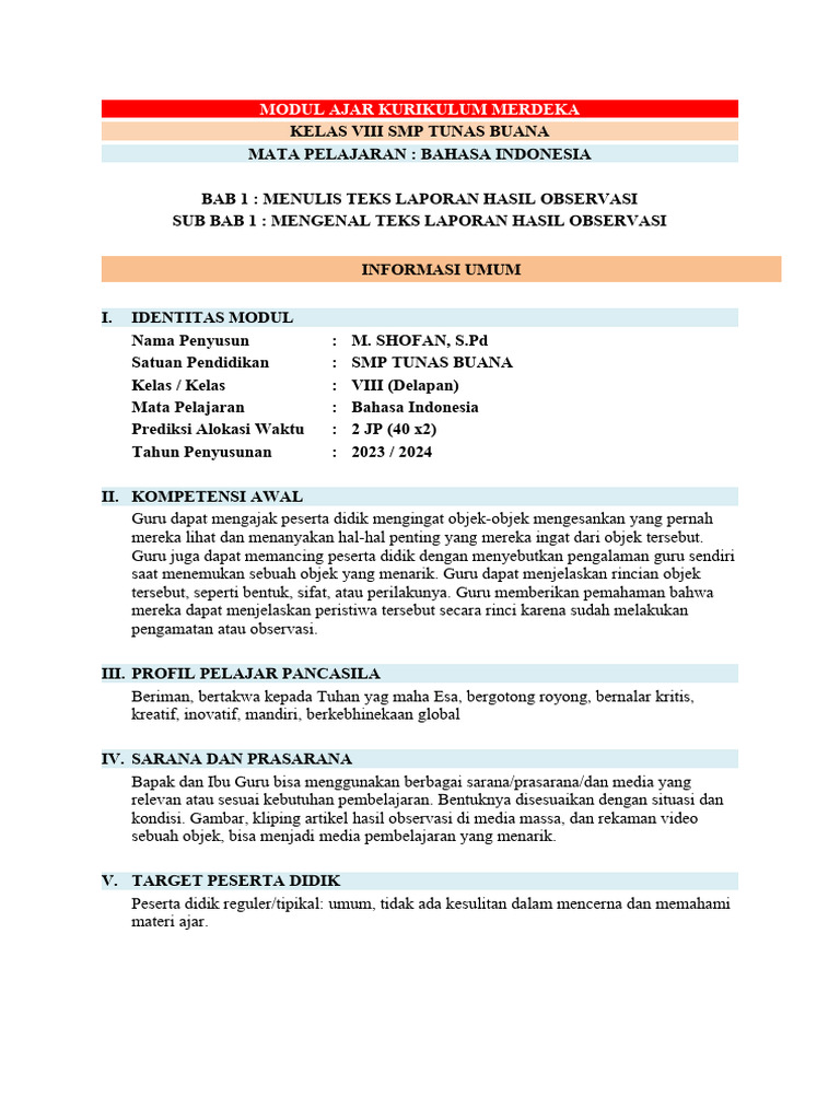 Modul Ajar Kurikulum Merdeka 1 | PDF