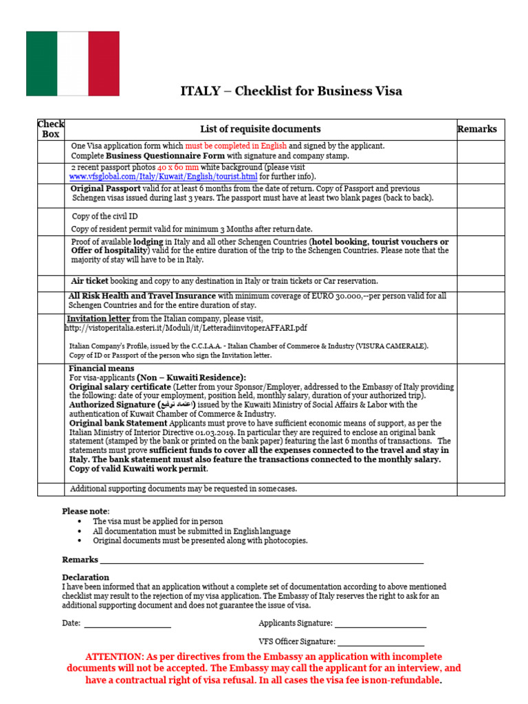 Italy Business Visa Document Checklist | PDF | Travel Visa | Passport