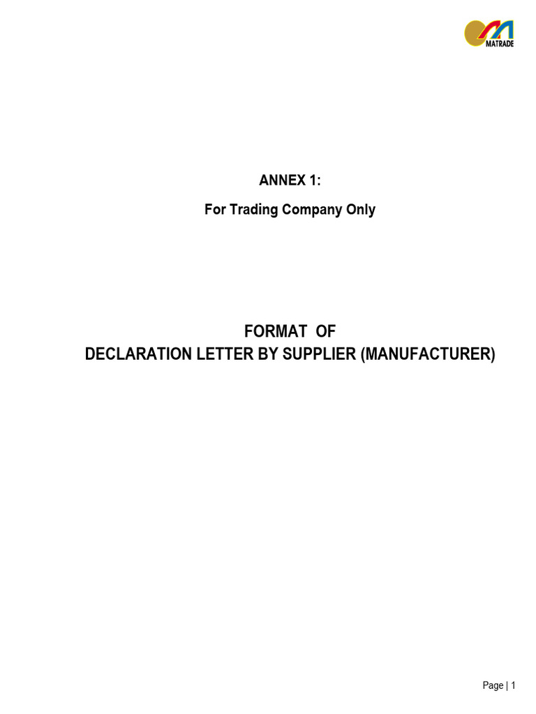 Annex 1-For Trading Company Only-Format of Declaration Letter by Supplier-Manufacturer | PDF