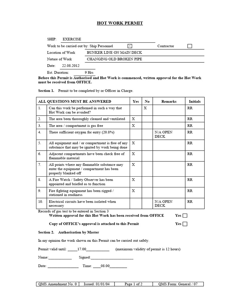 QUDS 21.08 - Hot - Work - Permit Bunker Repair | PDF | Occupational ...