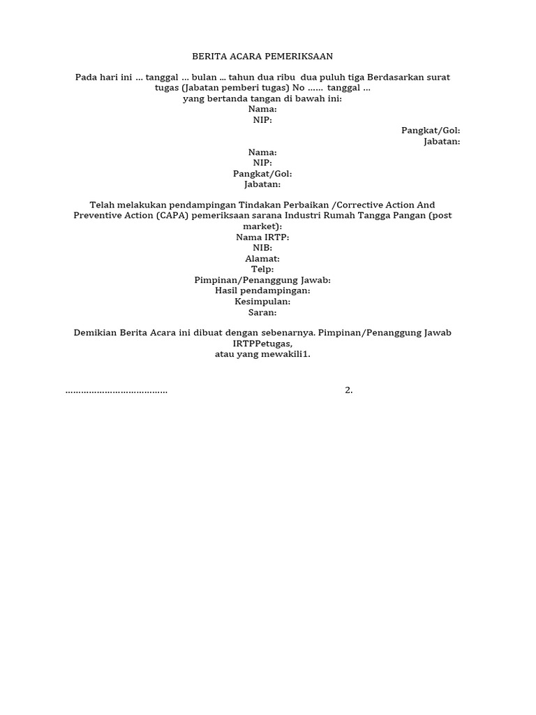 Format BAP Pemeriksaan Post Market - BPOM | PDF