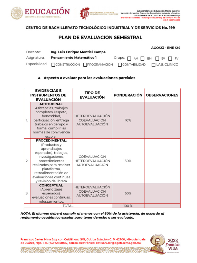 Plan de Evaluacion Primer Semestre | PDF | Evaluación