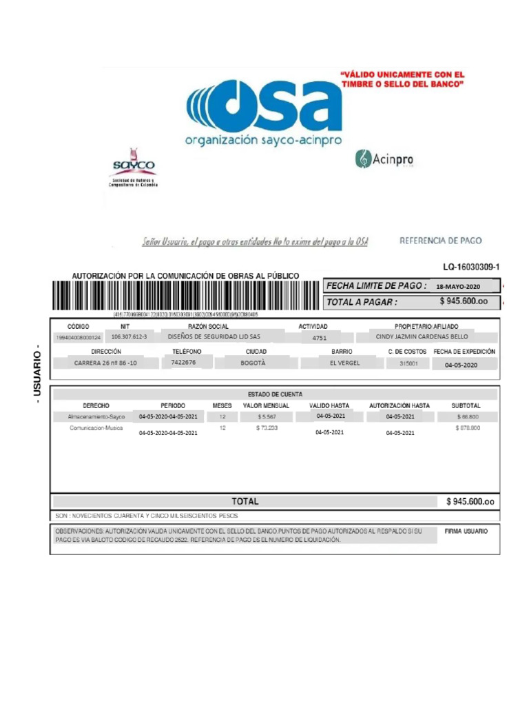 Factura de Sayco y Acinpro | PDF