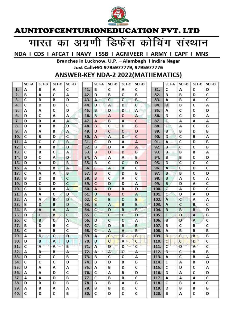 NDA 2 2022 Maths Answer Key Set A | PDF