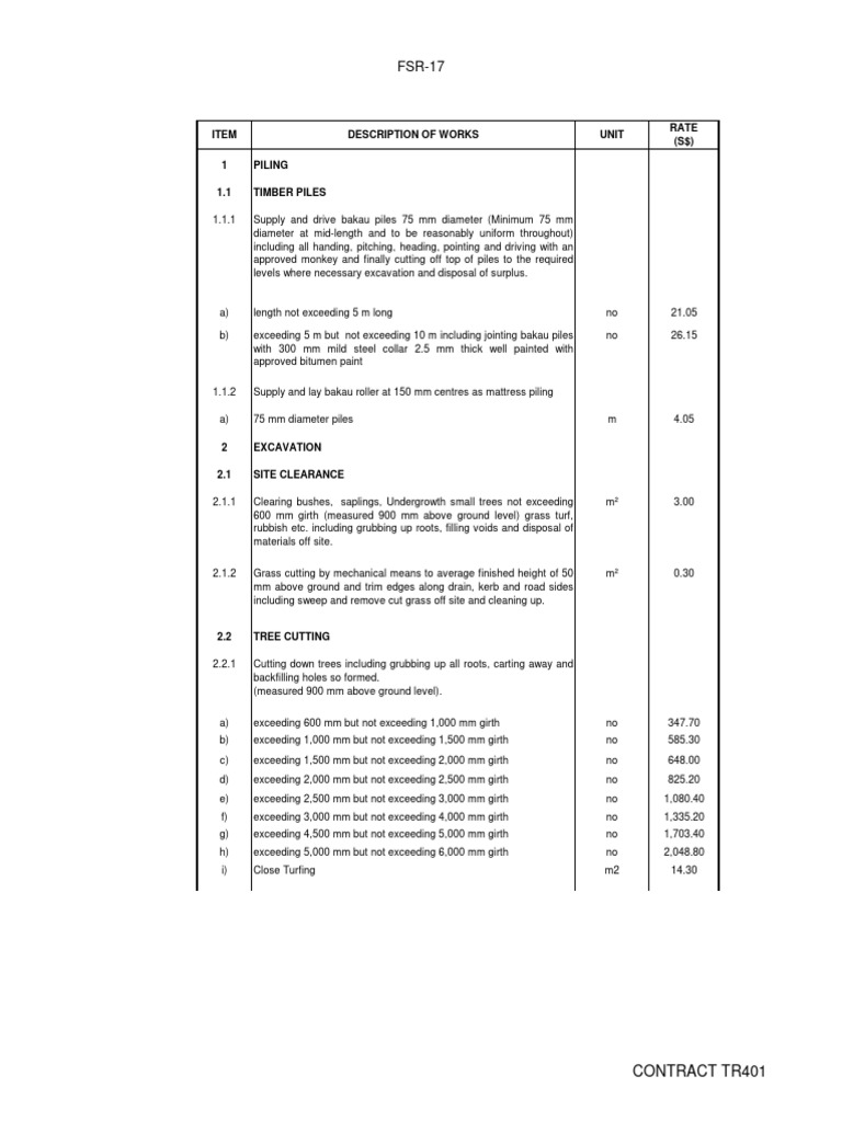 Item Description of Works Unit Rate (S$) 1 Piling 1.1 Timber Piles ...