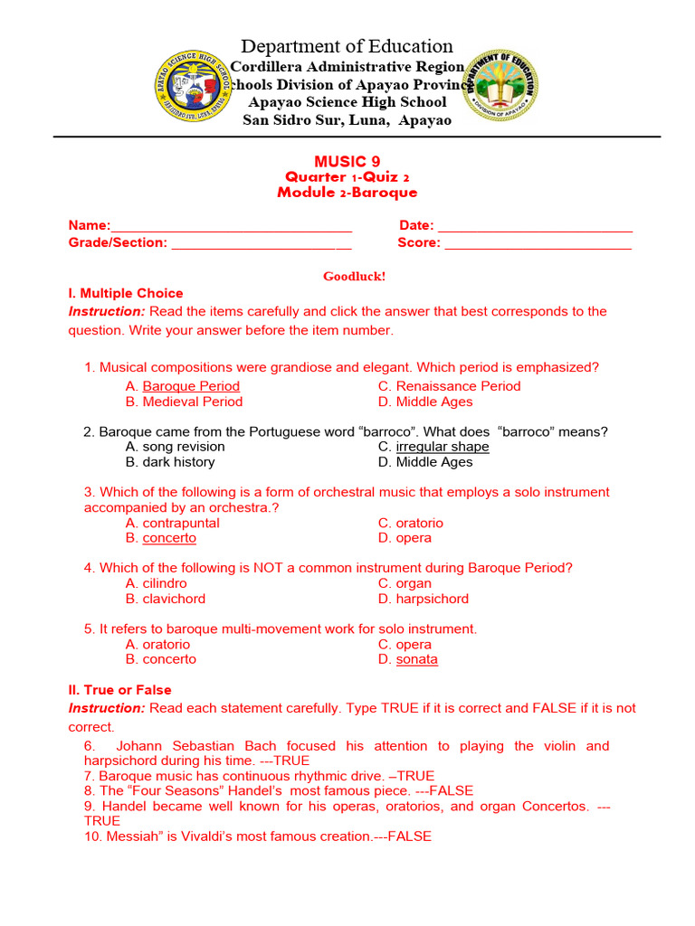 Music 9: Baroque Period Quiz & Test | PDF | Baroque Music | Johann ...