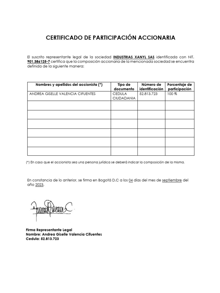 Certificado Participacion Accionaria | PDF Certificado Participacion Accionaria | PDF