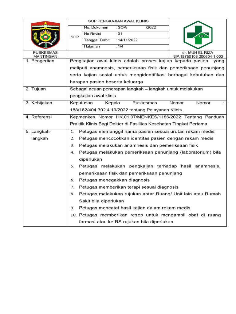 Sop Pengkajian Awal Klinis | PDF | Sains & Matematika