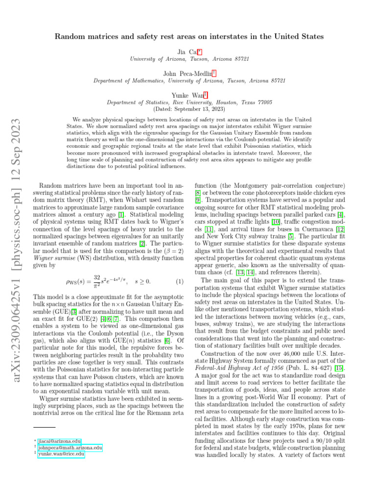 Random Matrices and Safety Rest Areas On Interstates in The United ...