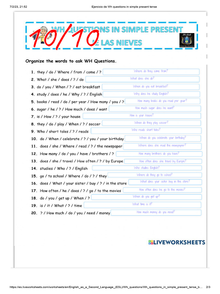 Ejercicio de WH Questions in Simple Present Tense | PDF