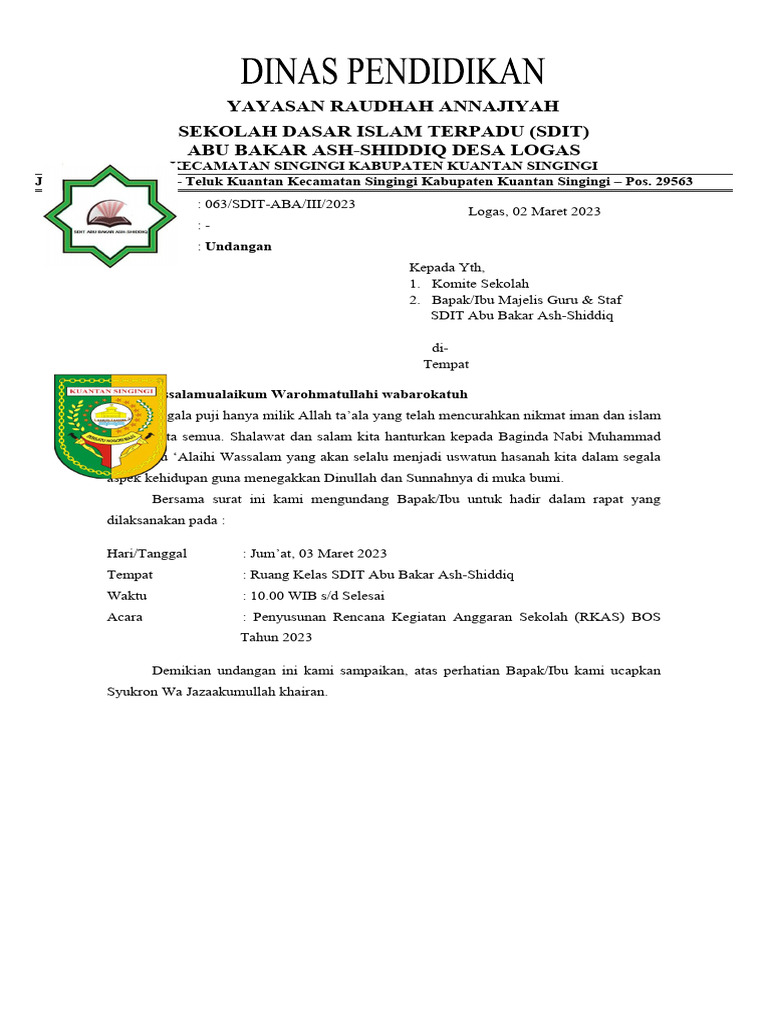 Undangan Rapat Dana BOS 2023 | PDF