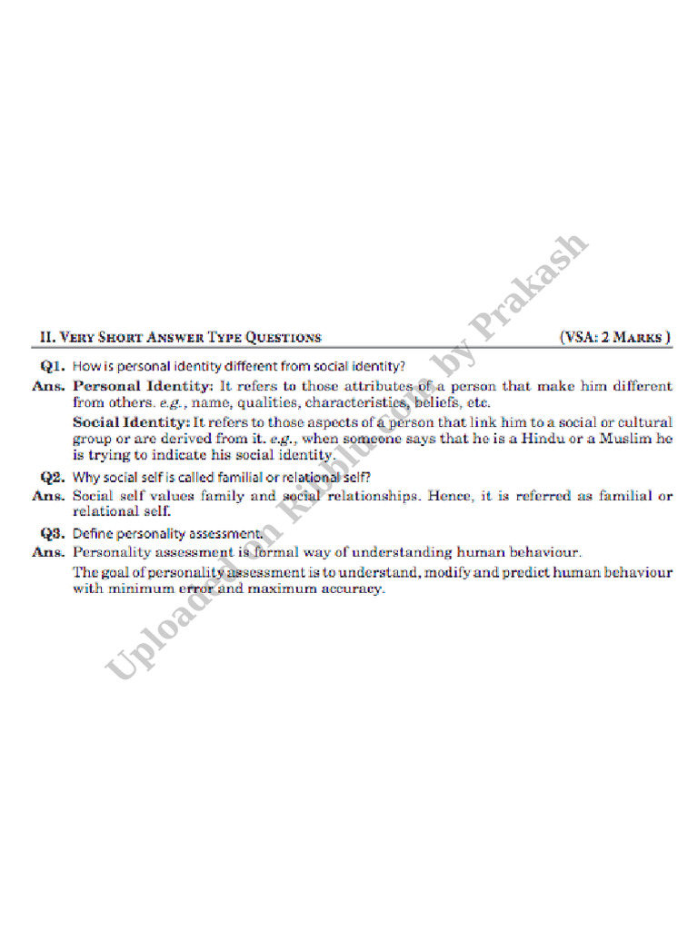 Psychology Class 12 Question Answers Chapter 2 Self and Personality | PDF