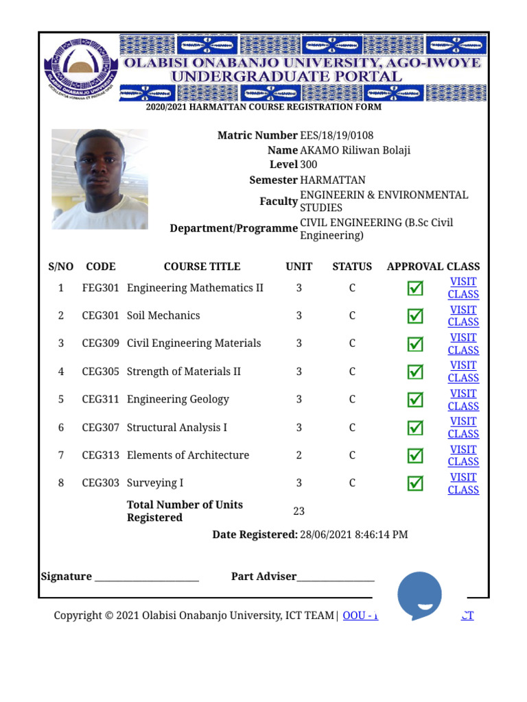 Harmattan 2020 - 2021 Course Registration Form | PDF | Engineering | Civil Engineering