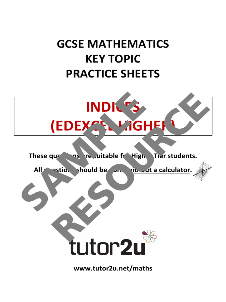 Topic Practice Sheets Indices Edexcel Sample | PDF | Elementary ...