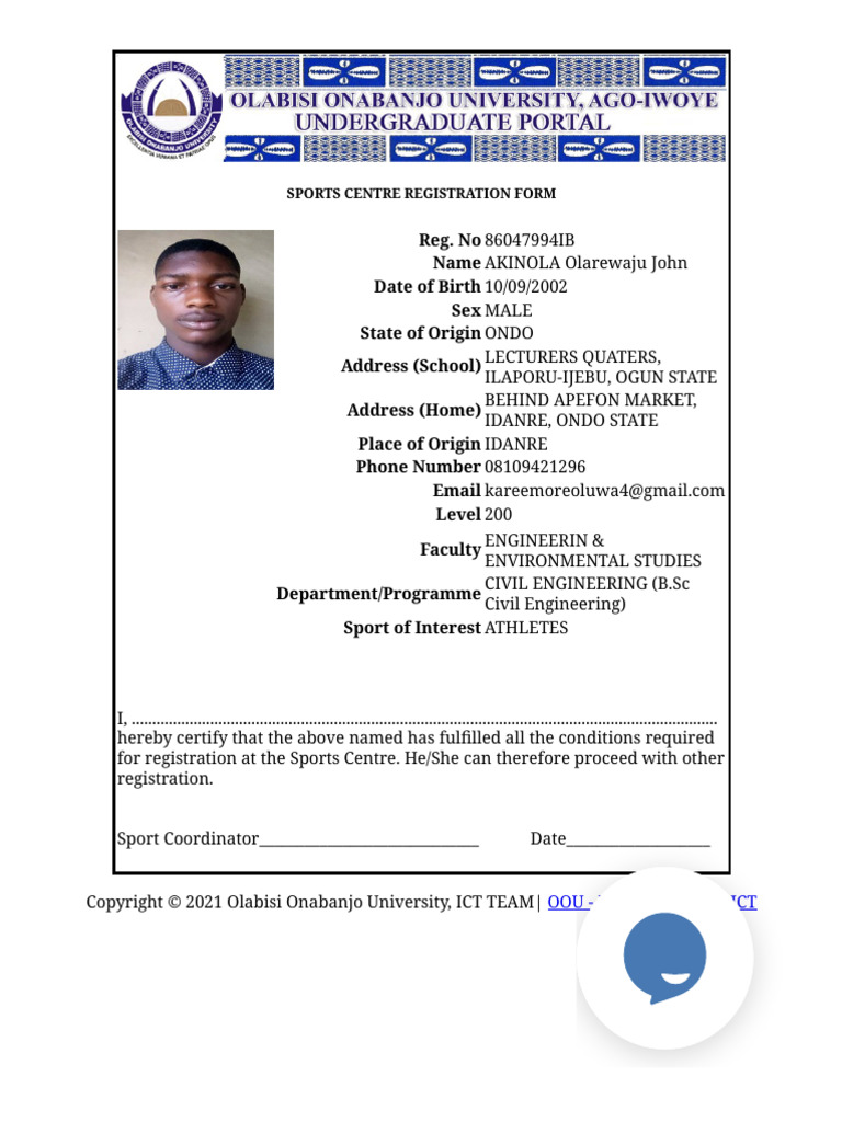 Sports Centre Registration Form | PDF