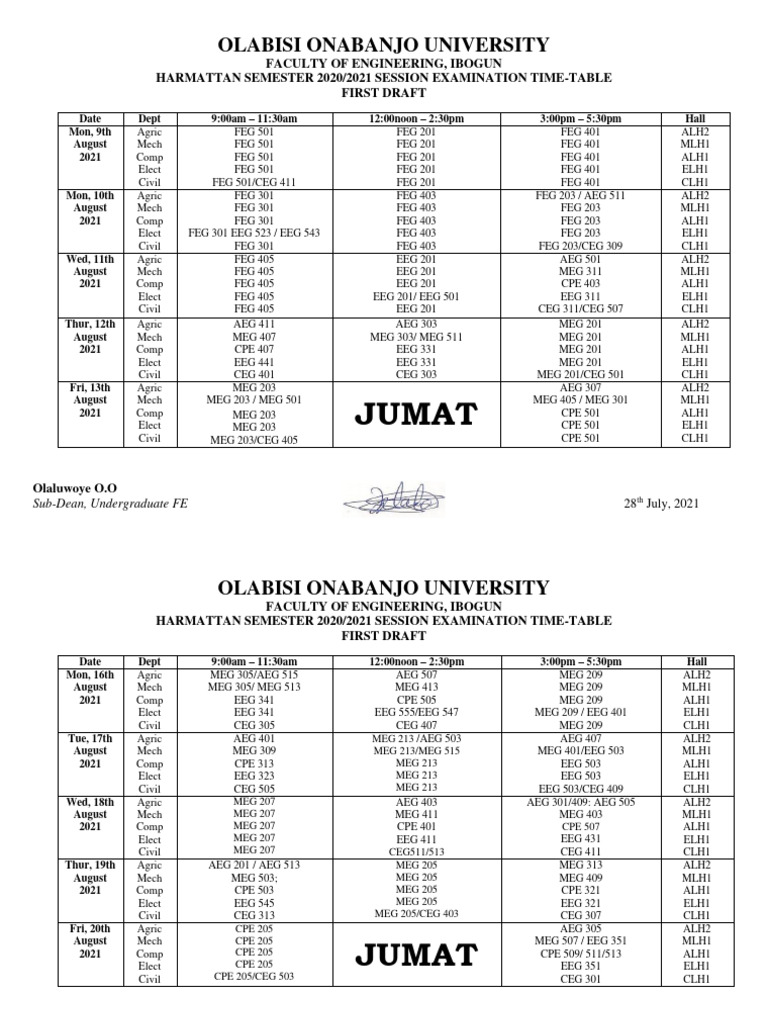 2nd Draft Exam Time Table Harmattan Semester 2020 - 2021 | PDF