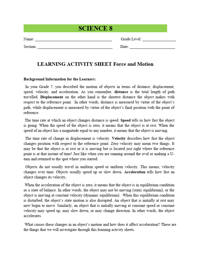 SCIENCE 8 Learning Activity Sheets | PDF | Force | Velocity