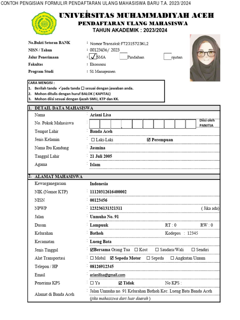 Contoh Pengisian Formulir Daftar Ulang Dan Surat Pernyataan | PDF