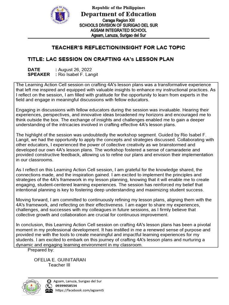 Reflection On 4as Lesson Plan | Download Free PDF | Lesson Plan | Learning