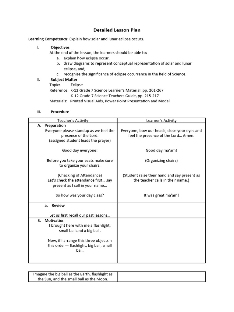 Detailed Lesson Plan - Science | PDF | Solar Eclipse | Shadow
