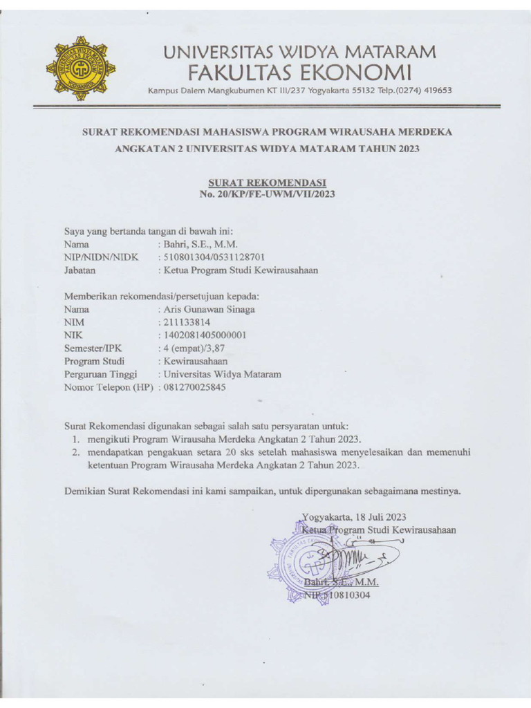 Surat Rekomendasi Kaprodi - Aris Gunawan Sinaga | PDF