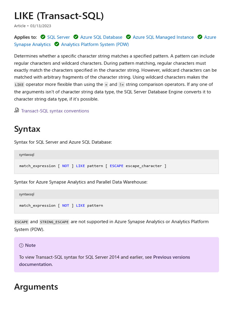 LIKE (Transact-SQL) - SQL Server - Microsoft Learn | PDF | Microsoft Sql Server | String ...