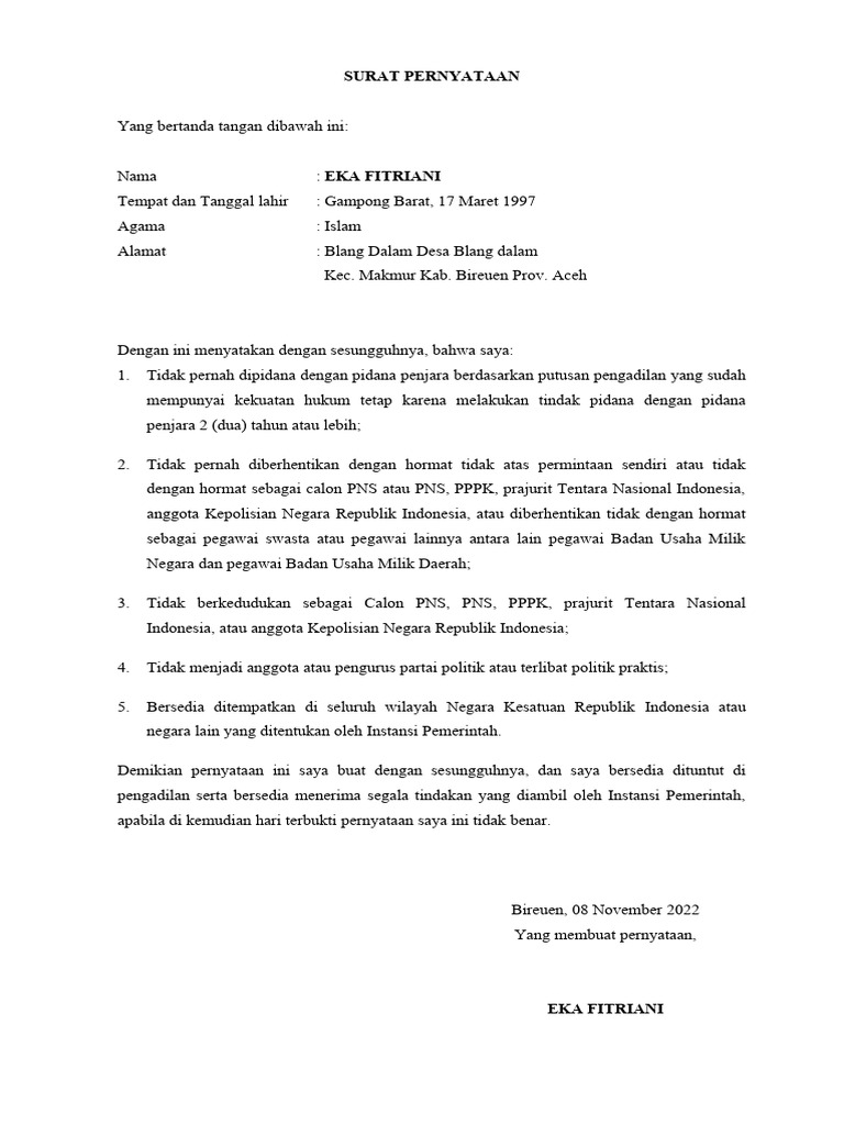 Contoh SURAT PERNYATAAN | PDF