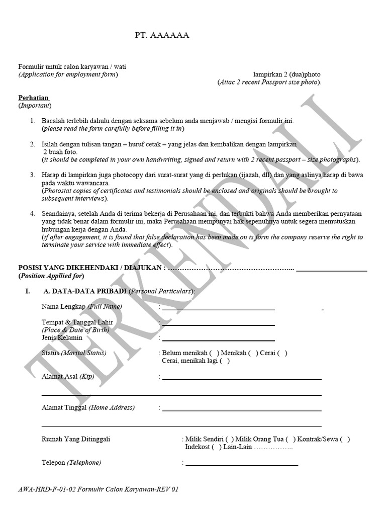 Form Calon Karyawan | PDF