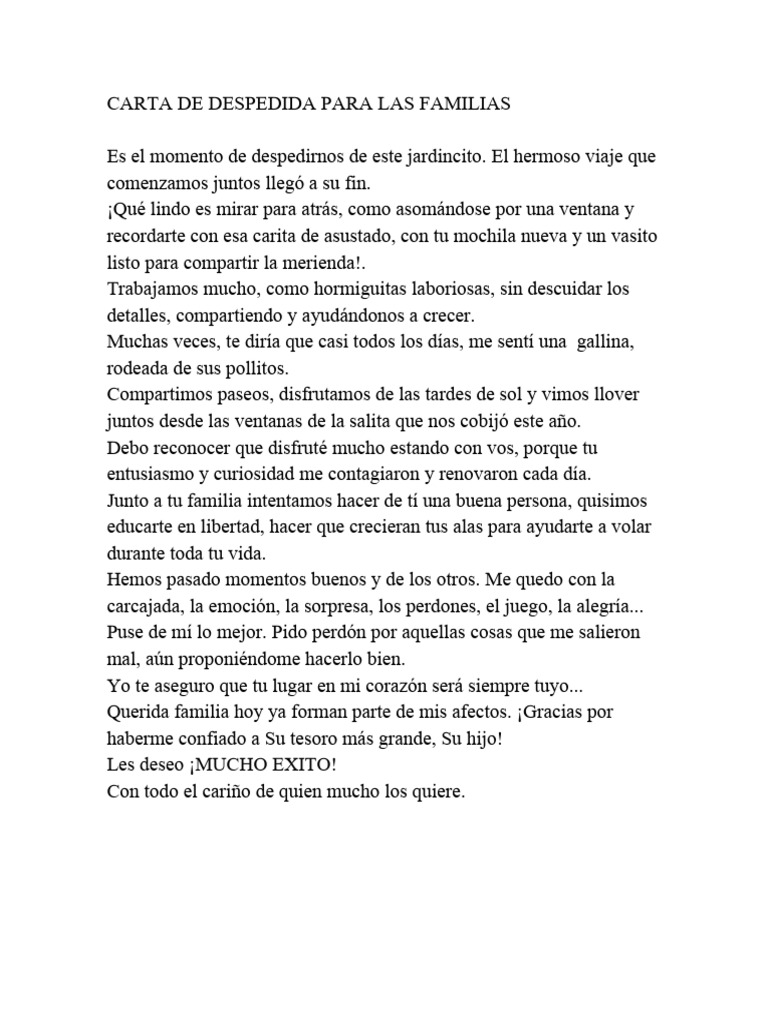 Carta de Despedida para Las Familias | Descargar gratis PDF | Enseñando ...