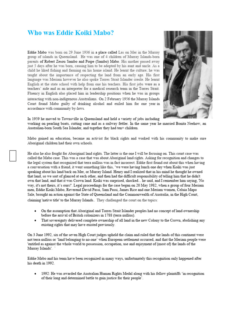 Who Was Eddie Koiki Mabo | PDF | Indigenous Australians | Indigenous ...