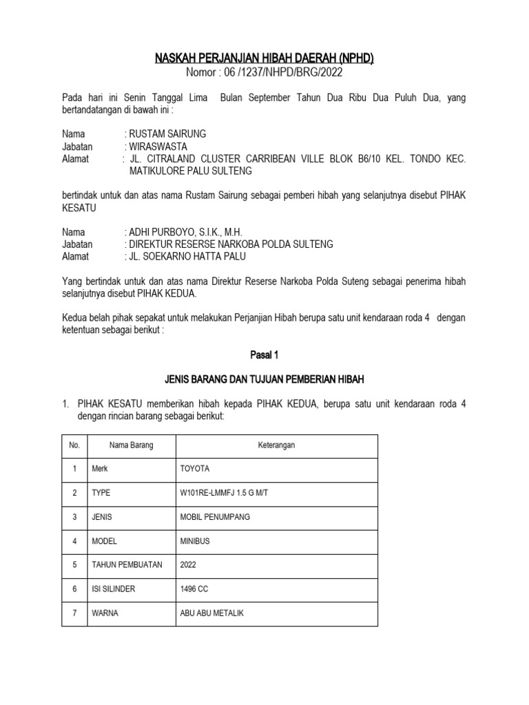 NPHD Hibah Kendaraan Roda 4 | PDF