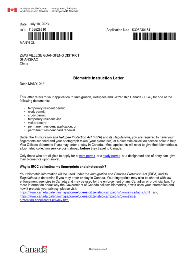 Biometric Instruction Letter | PDF | Immigration Law | International ...