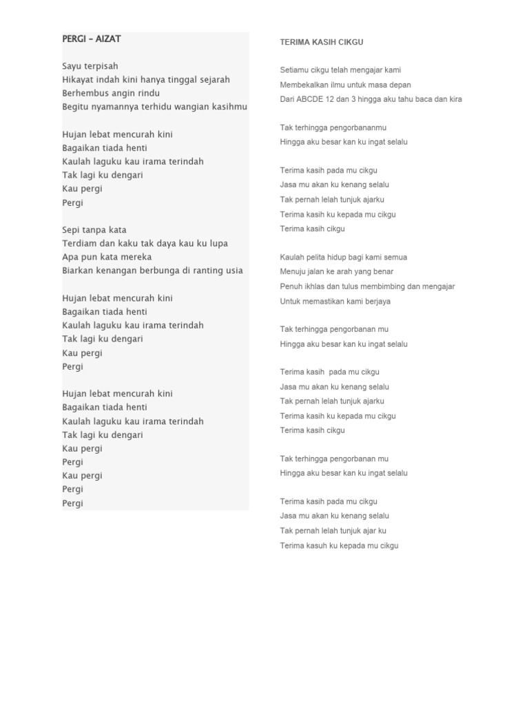 Lirik Lagu Pergi Dan Terima Kasih Cikgu | PDF